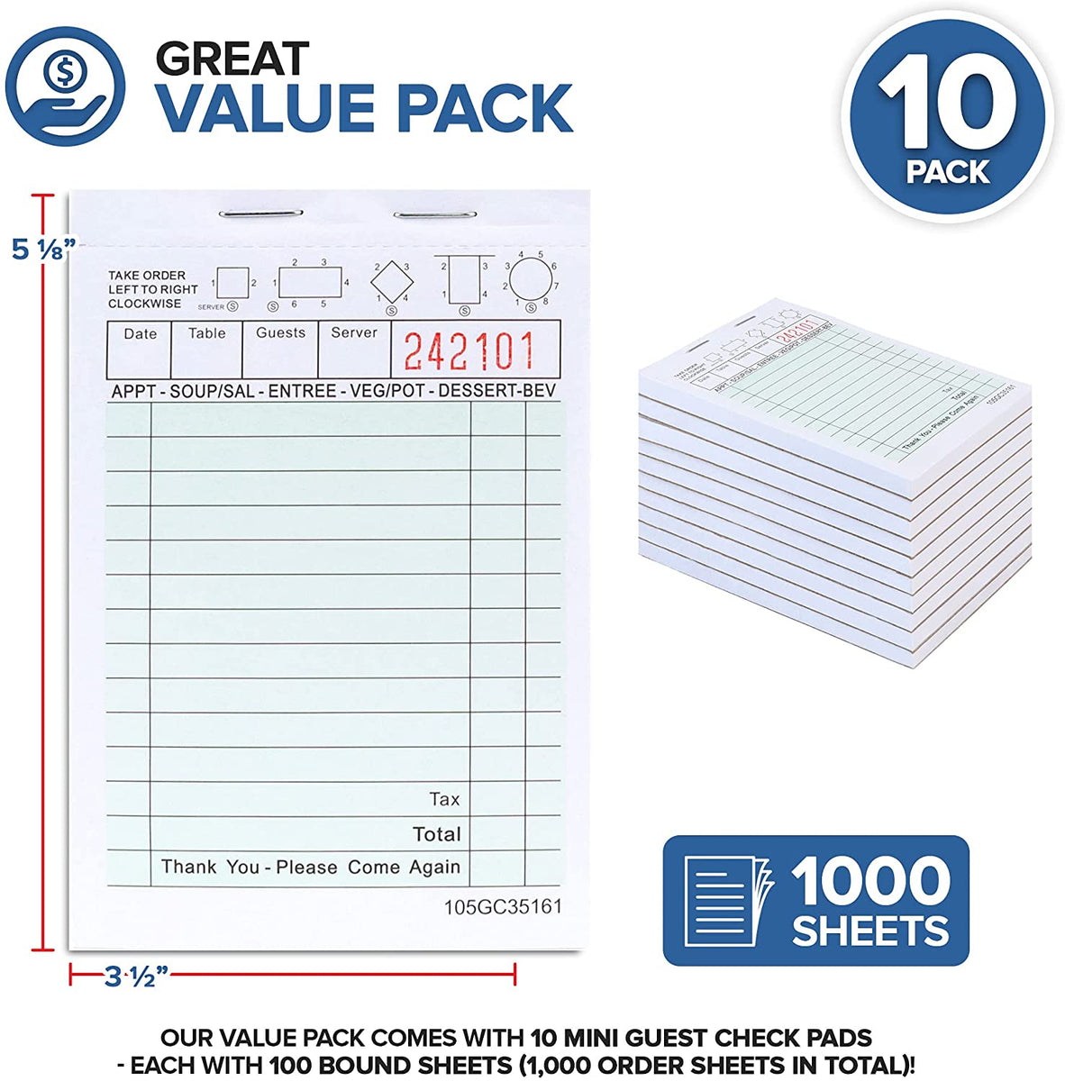 3.25 x 5.125 Mini Guest Check Pads (10 Pack) - Small Detachable Checks ...